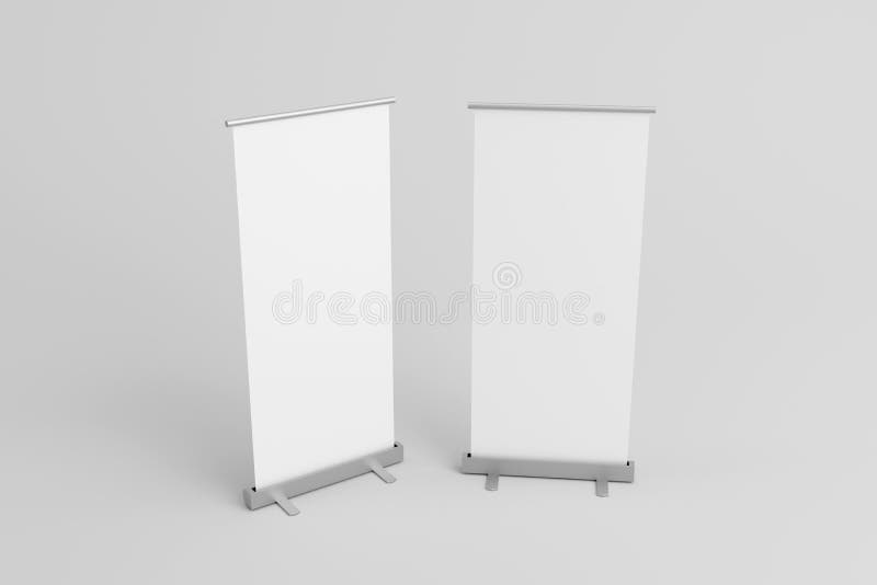Blank White Roll Up Banner Front And Side Set Display Mockup Isolated 3d Rendering Stock