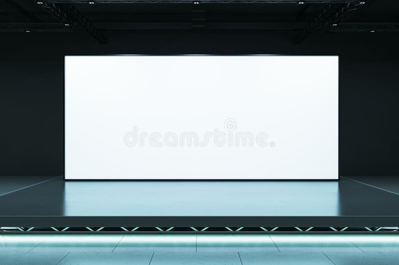 Blank White Screen on an Elevated Stage in a Dark Room with Modern ...