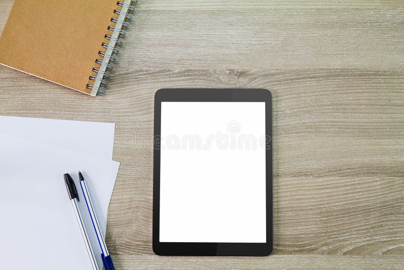 Blank White Screen Tablet Computer with Notebook,paper and Pens on ...