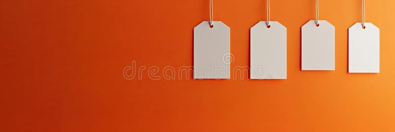 Blank White Shopping Price Tags Hanging on Strings Against an Orange ...