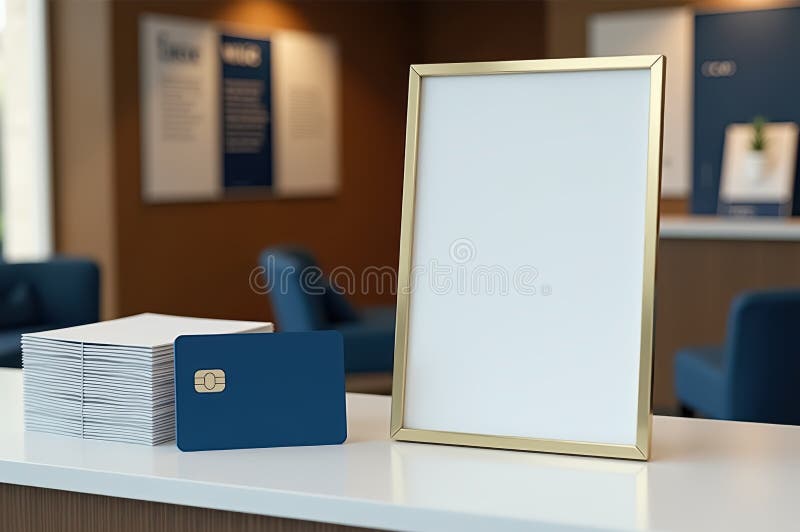 Blank White Sign Frame and Credit Card on Counter in Modern Office ...