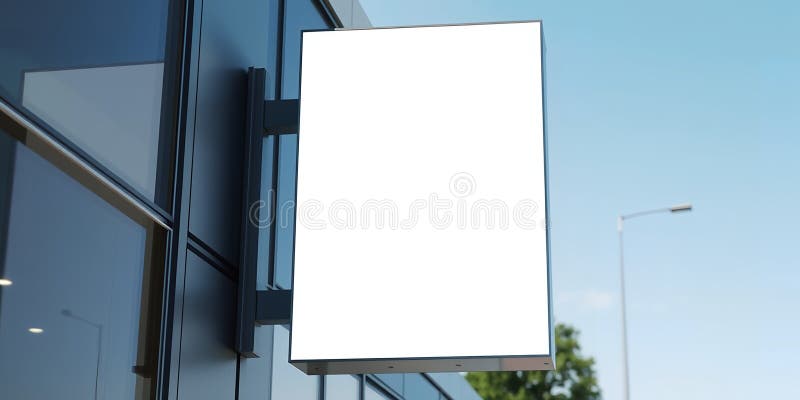 A Blank White Sign Hanging on the Side of a Building with a Blue Sky in ...