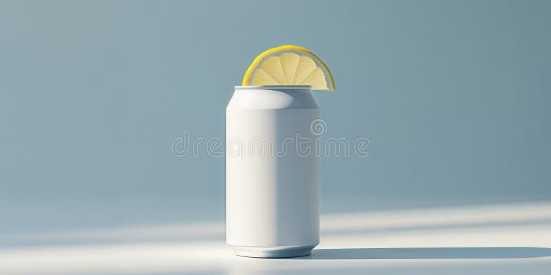 Blank White Soda Can with Lemon Slice on Light Blue Background. Stock ...