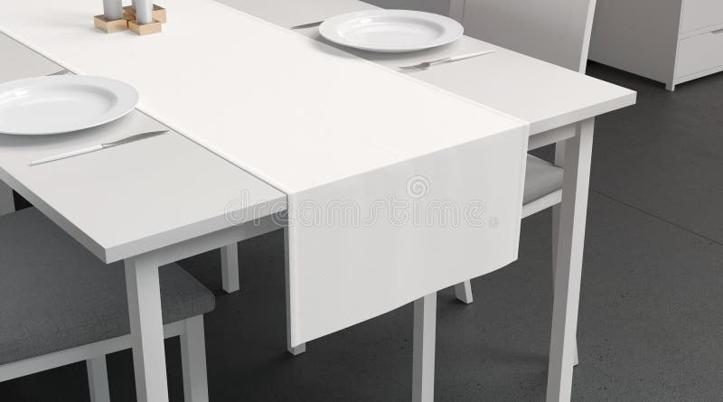 Blank White Table Runner and Dishes Mockup Crop, Interior Background ...