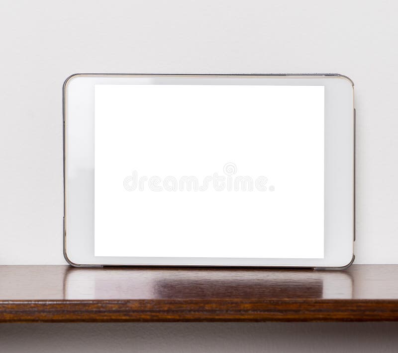Blank White Tablet Screen on Wooden Shelf Stock Photo - Image of tablet ...
