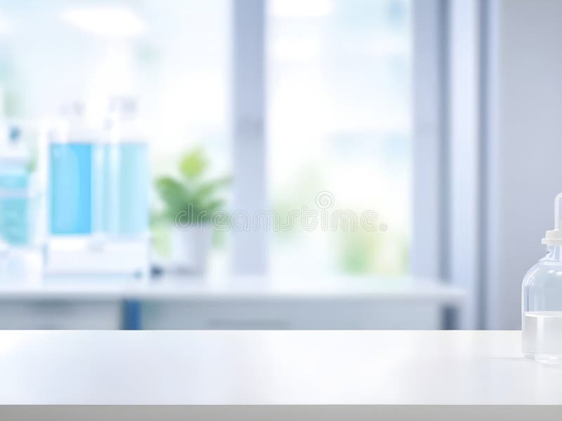 Blank White Tabletop Against a Bright Medical Lab Background. Banner ...