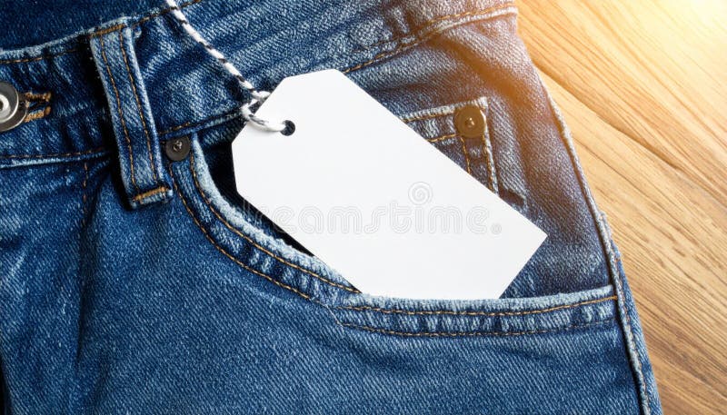 Blank White Tag in Blue Jeans Pocket on Wood Stock Illustration ...