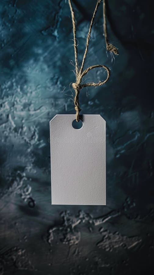 Blank White Tag Hanging by String on Textured Blue Background Stock Photo - Image of product ...