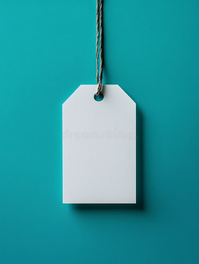 Blank White Tag Hanging on a Teal Background. Stock Image - Image of ...