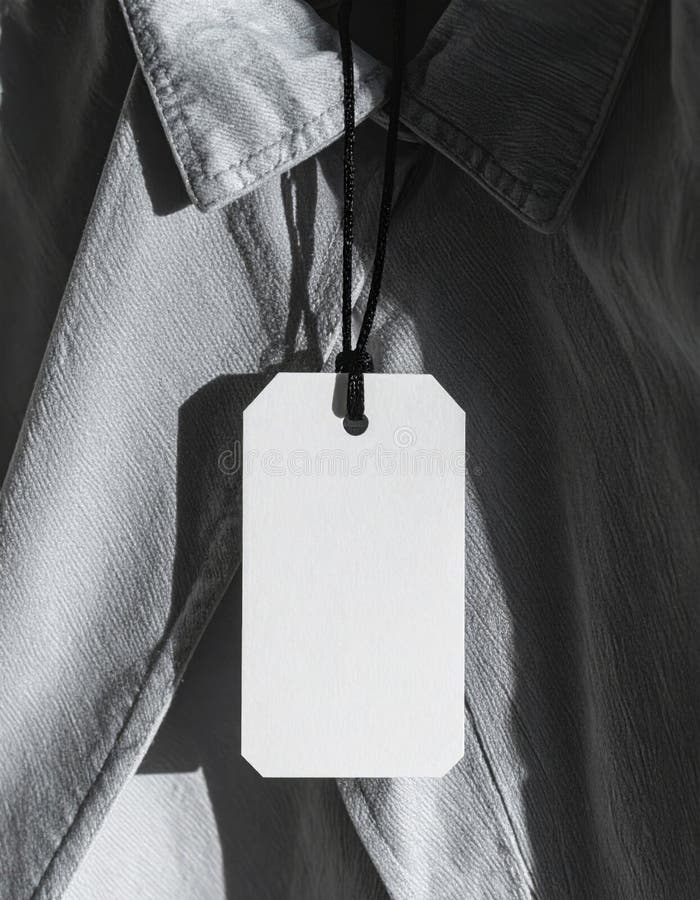 Blank White Tag with String Hanging on Blue Denim Shirt Close Up View ...