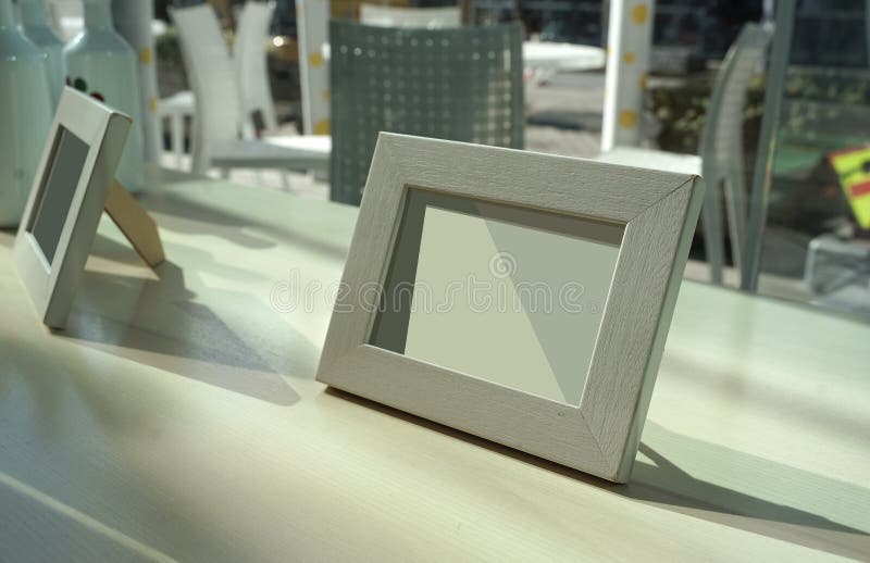 Blank White Timber Picture Frame on Timber Table with Window Background ...