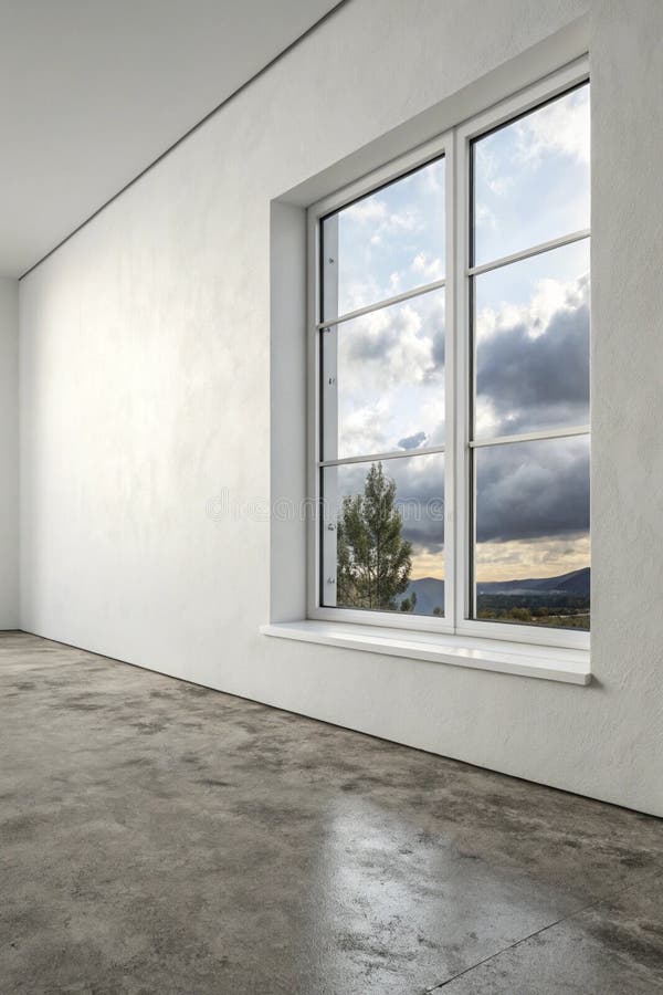 Blank White Wall with Window and Concrete Floor Stock Image - Image of ...