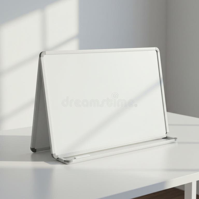 A Blank Whiteboard with a Triangular Stand Sits on a White Table. the ...