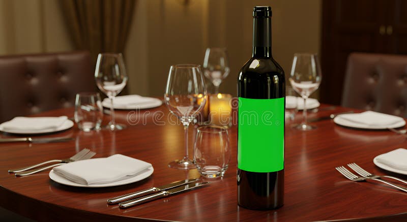 Blank Wine Bottle Label Mockup on a Restaurant Table Stock Illustration ...