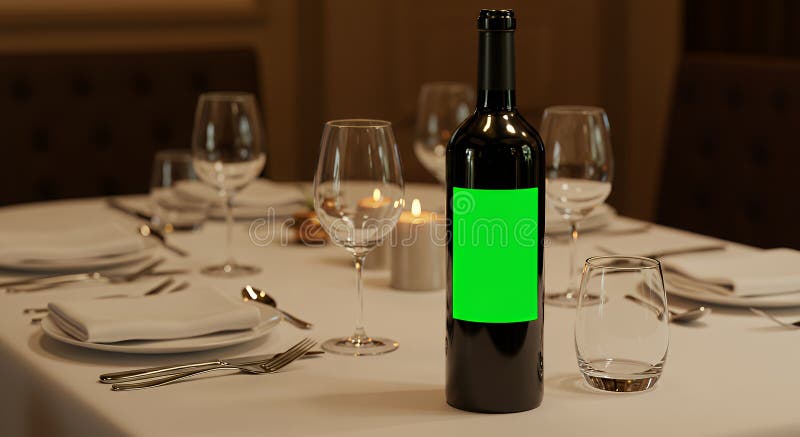 Blank Wine Bottle Label Mockup on a Restaurant Table Stock Illustration ...