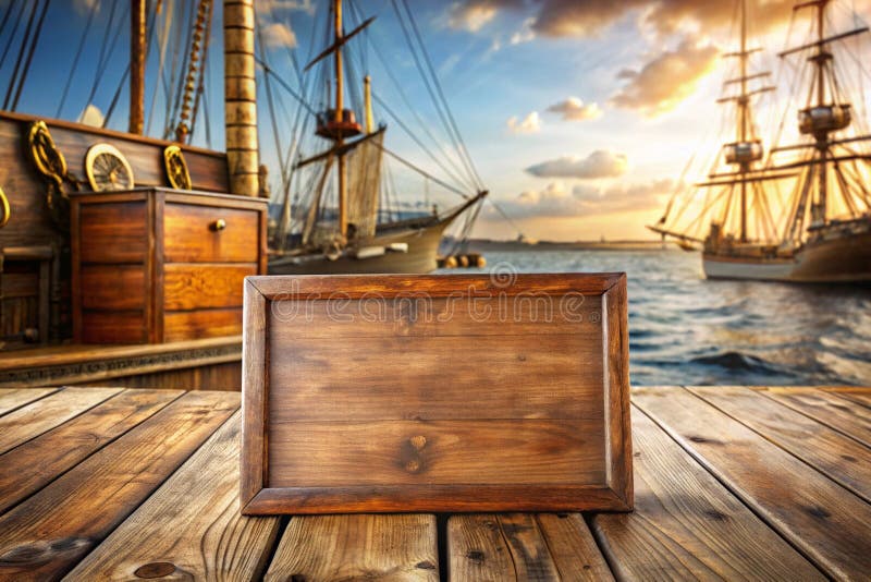 Blank Wood Sign Over Old Ship Desk Scene Stock Illustration ...