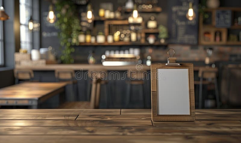 Blank Wooden Menu Board on Wooden Table in Cafe. Mock Up Stock Photo ...