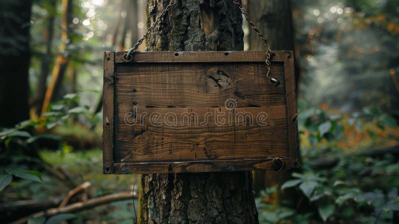 Blank Wooden Sign Hanging on a Tree in a Lush Forest Stock Illustration ...