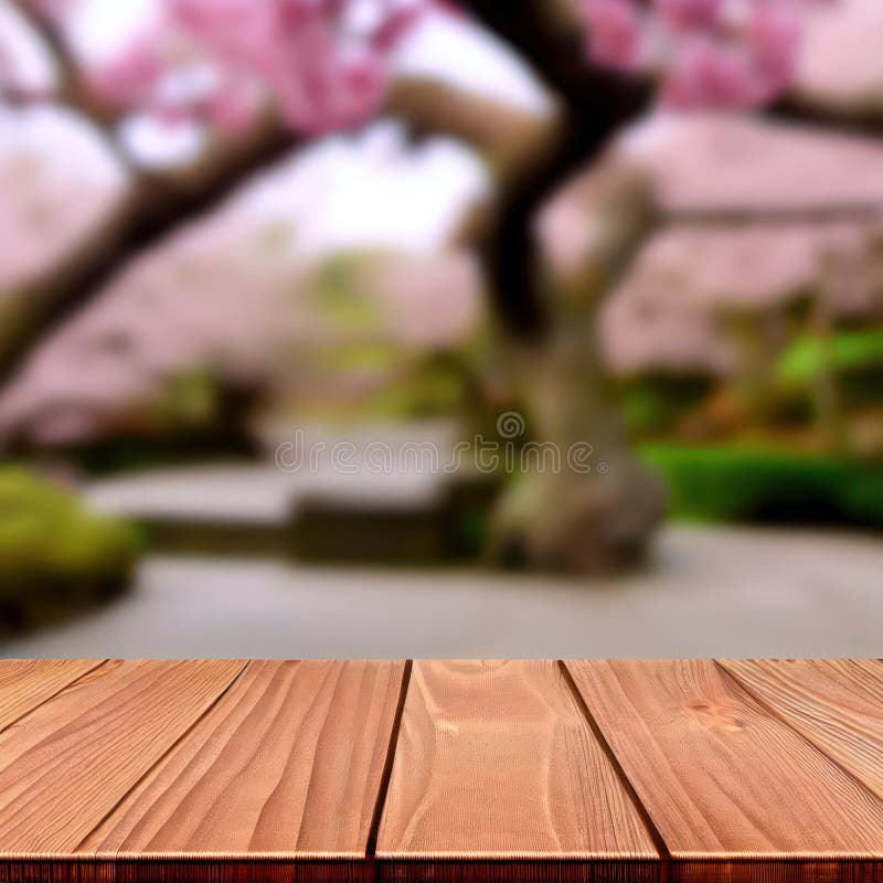 Blank Wooden Table with Japanese Sakura Garden Background Stock ...