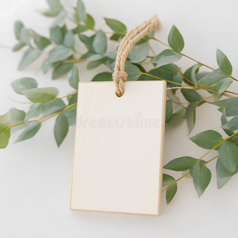 Blank Wooden Tag with Eucalyptus Branches Rustic and Elegant Mockup ...