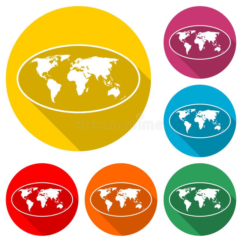 Blank World Map Icon or Logo, Color Set with Long Shadow Stock Vector ...