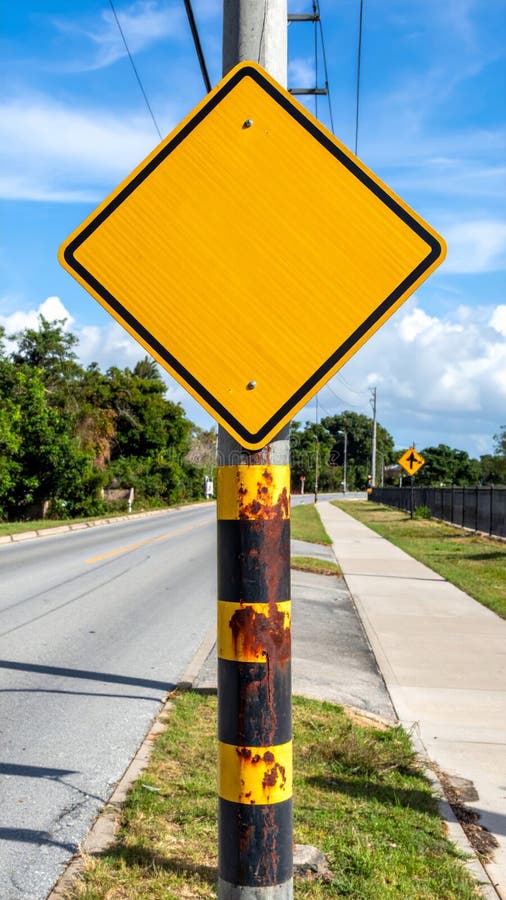 Blank Yellow Diamond Road Sign on Rusted Pole Stock Illustration ...