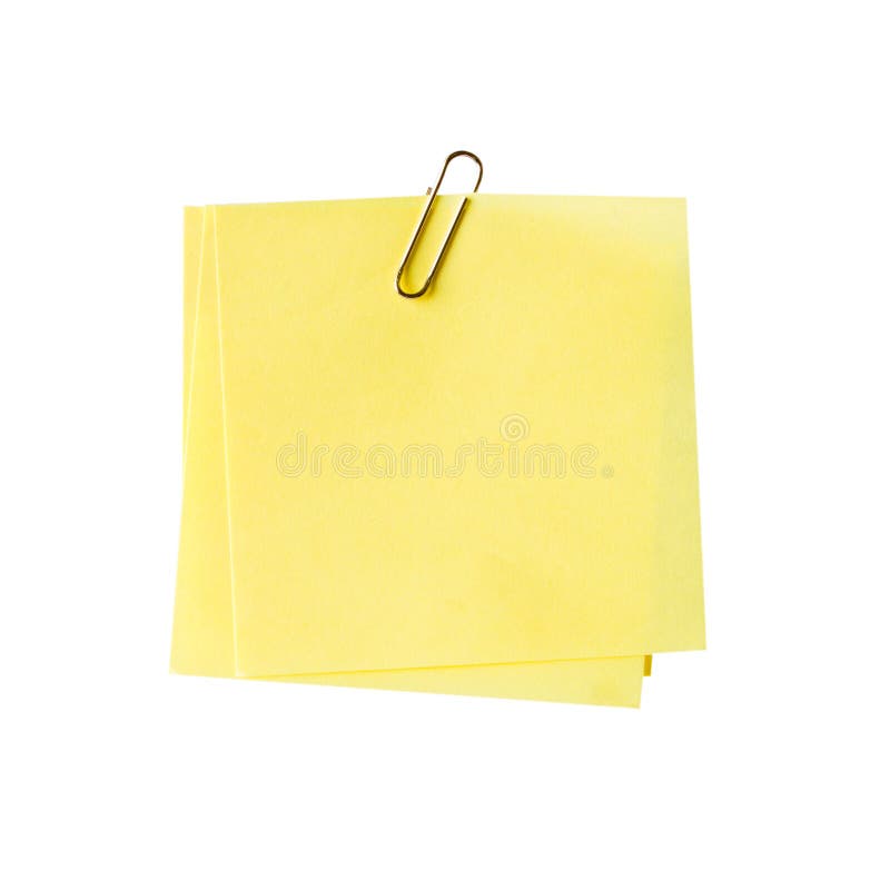 Blank Yellow Note and Clip on Isolated Stock Image - Image of message ...