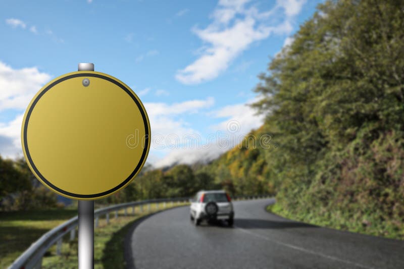 Blank Yellow Road Sign on Asphalt Highway, Space for Text Stock Image ...