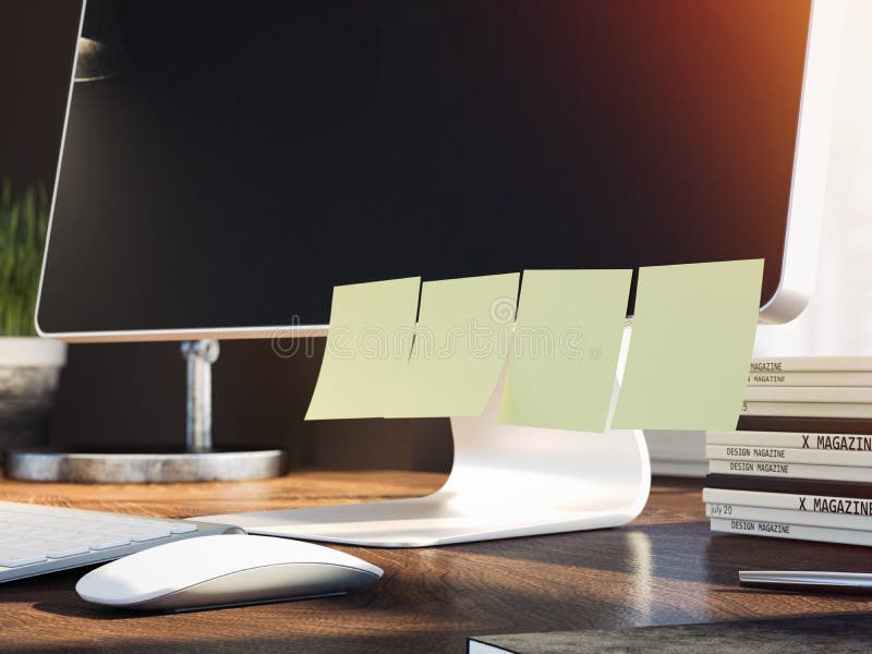 Blank Yellow Sticky Notes on the Dark Display of Computer. 3d Rendering ...