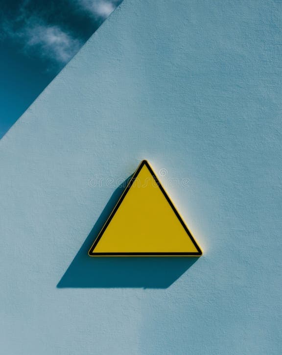 Blank Yellow Triangle Warning Sign on Blue Wall Stock Image - Image of ...