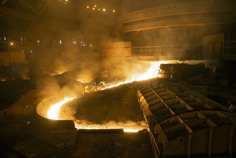 Blast Furnace Iron Tapping. Hot Steel is Poured into Another Pan Stock ...