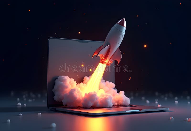 Blast Off into the Future! a Sleek Space Rocket Launches from a Laptop ...