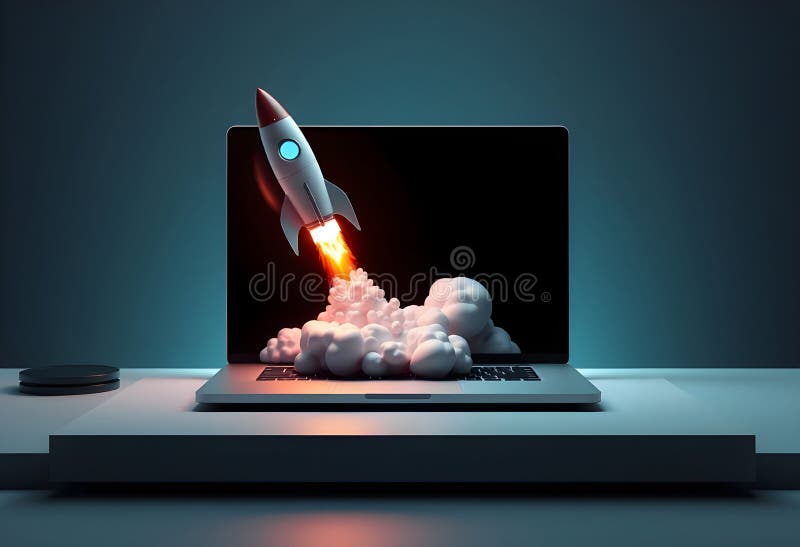 Blast Off into the Future! a Sleek Space Rocket Launches from a Laptop ...