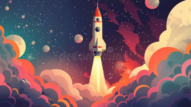 Blasting Off into Space, a Rocket Ascends through a Sky Filled with ...