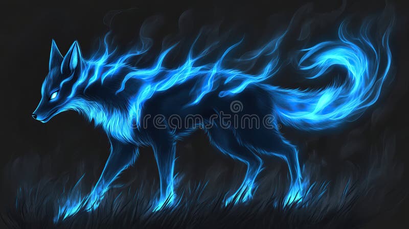 Blazing Blue Fox, Fantasy Art, Dark Background, Game Design Stock Photo ...
