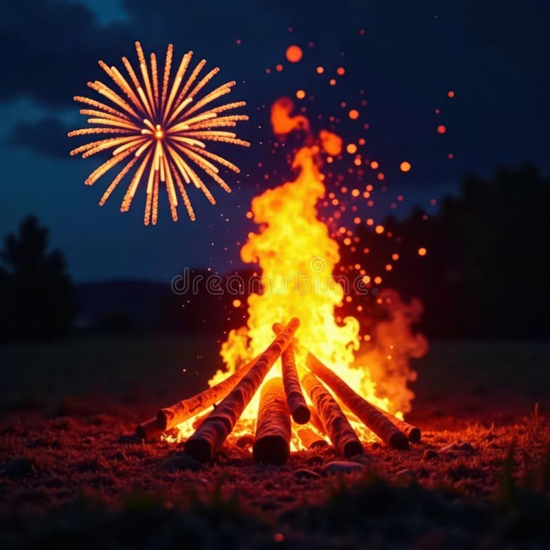 Blazing Bonfire, Fireworks Exploding in Night Sky, Celebration, Black ...