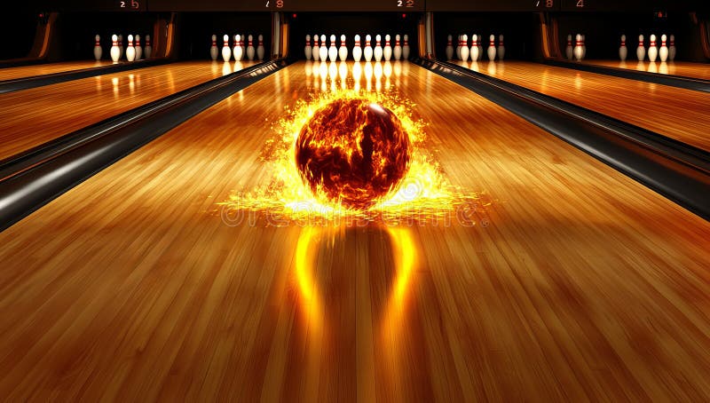A Blazing Bowling Ball Crashes into the Pins, Sending Them Flying Stock ...