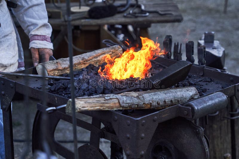 Blazing Bright Fire in the Iron Forge Basin of the Blacksmith Filled ...