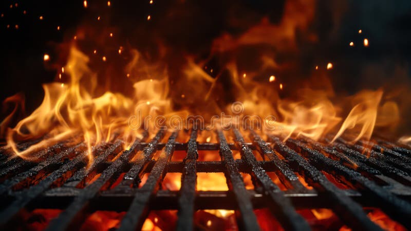 Blazing Fire in Barbecue. Empty Grill Grate in Fire Pit or Hearth for ...