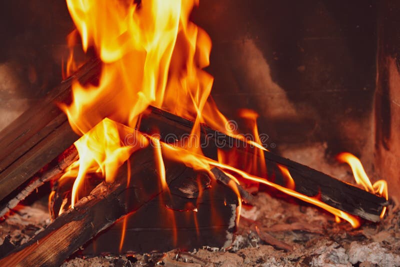 Blazing Fire in Fireplace and Burning Wood Stock Photo - Image of ...