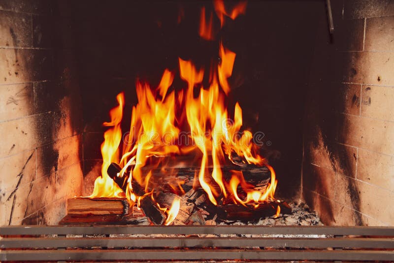 Blazing Fire in Fireplace with Ashes and Smoke. Stock Image - Image of ...