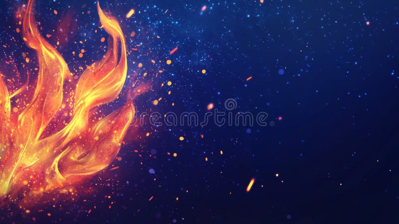 Blazing Fire Flames Emitting Glowing Particles on Dark Blue Background ...