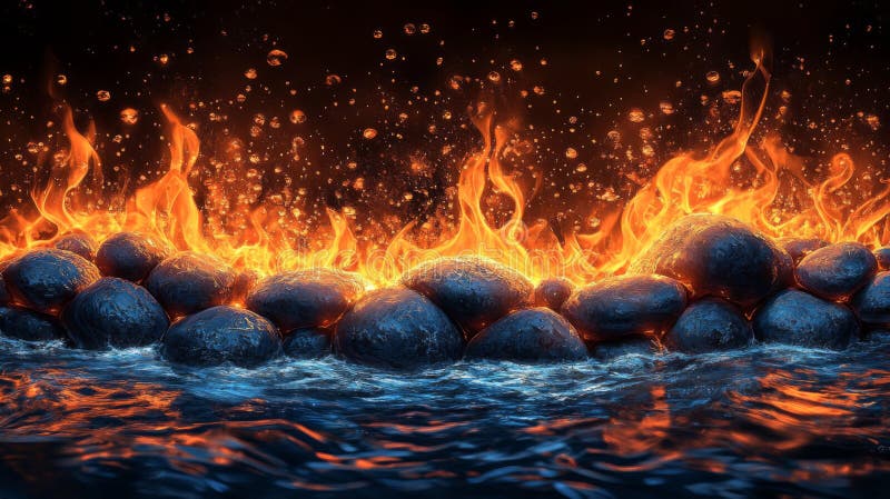 Blazing Flames Surrounding Wet Rocks in Water Stock Illustration ...
