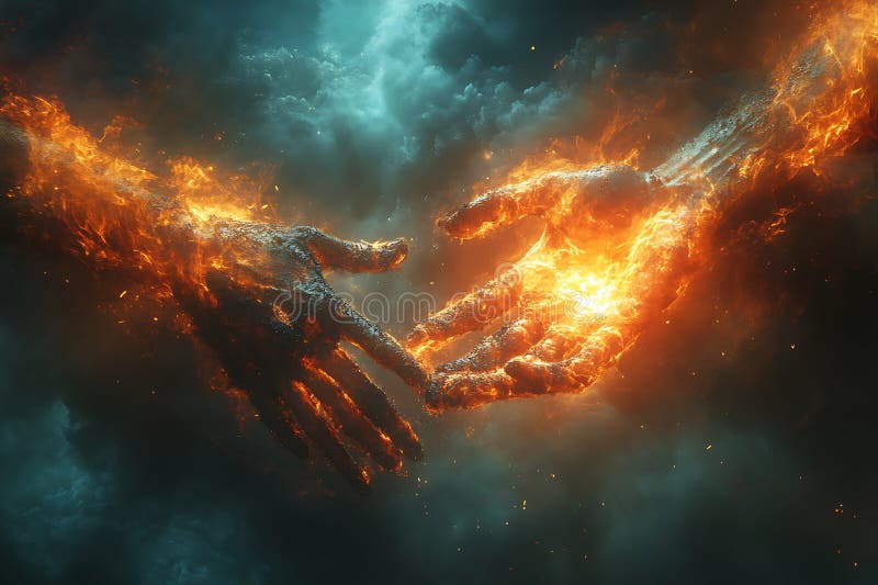 Blazing Hands Reaching Out Amidst the Dramatic Cloudscape Creates a ...