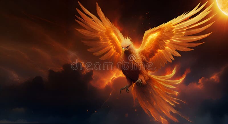 Blazing Phoenix Bird Flying in Clouds Heavens. Digital Art Work Stock ...