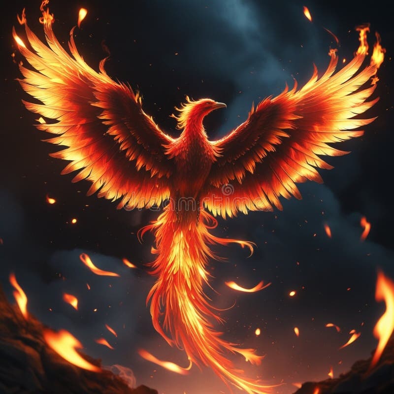 Blazing Phoenix Rises from Ashes, Wings Igniting the Dark Sky Stock Illustration - Illustration ...