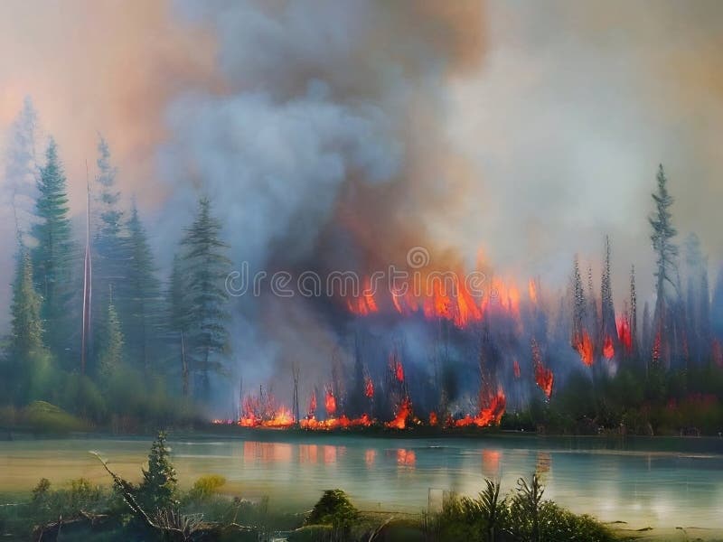 Forest Fire on the Edge of the River Generative AI Stock Illustration ...
