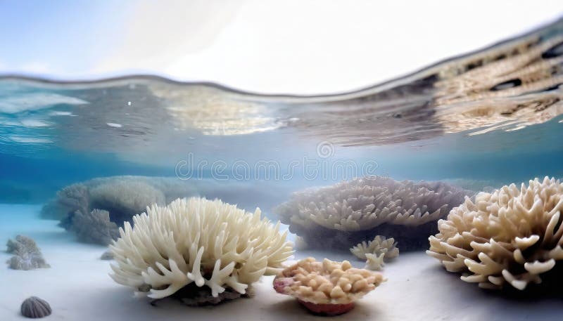 Bleached Coral Reef Under a Tranquil Ocean Surface. the Image Portrays ...