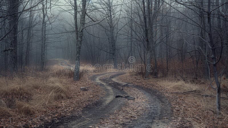 A Bleak Forest Landscape Winding Dirt Road through Dead Trees in a ...