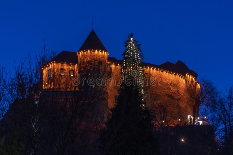 Bled Castle View at Night in Winter Stock Image - Image of castle ...